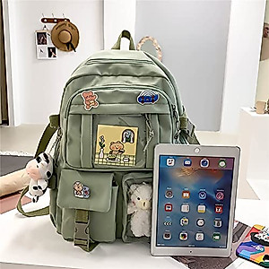 Thanps Kawaii Backpack with Cute Pin Accessories and Plush Pendant Cute Aesthetic Backpacks for School Bag Girl Backpack (Green), 31*13*43cm