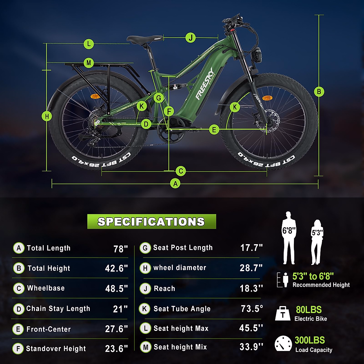 FREESKY 2024 Upgraded Electric Bike 𝟏𝟖𝟎𝟎𝐖, 48V 25Ah Battery Ebike for Adults, 26" Fat Tire Electric Bicycle 35MPH Full Suspension Mountain Beach E Bike, Up to 105 Miles Range