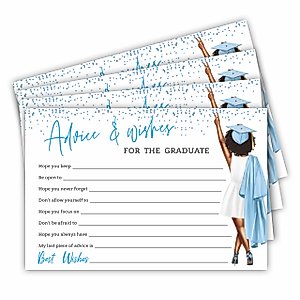 Tabyon 30 Advice & Wishes Cards For The Graduation - Blue Grad Girl - Confetti Double-Sided Fill In Style Advice Cards For High School, College, University, Party Favor, Decorations & Supplies-B04