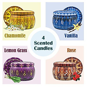 Orentas, Scented Candles Gift Set, Pure Natural Soybean for Aromatherapy Wax,Travel Tin Candles for Home Meditation, 4 Packs, 4.4oz (Chamomile/Vanilla/Lemongrass/Rose), Mother Day's Gift