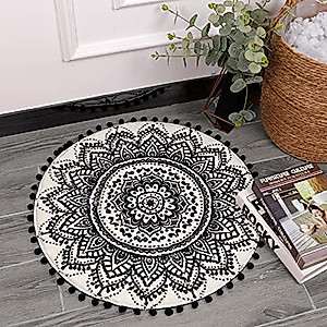 LIVEBOX Boho Bathroom Rug 2ft Machine Washable Black and Cream Small Mandala Round Area Rug with Chic Pom Pom Fringe Non-Slip Ultra Soft Throw Sofa Mat for Bedroom Playroom Kids Room