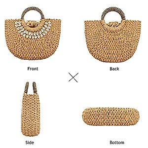 Beach Bag for Women Straw Top-Handle Bags Summer Woven Beach Tote Bag (Brown)