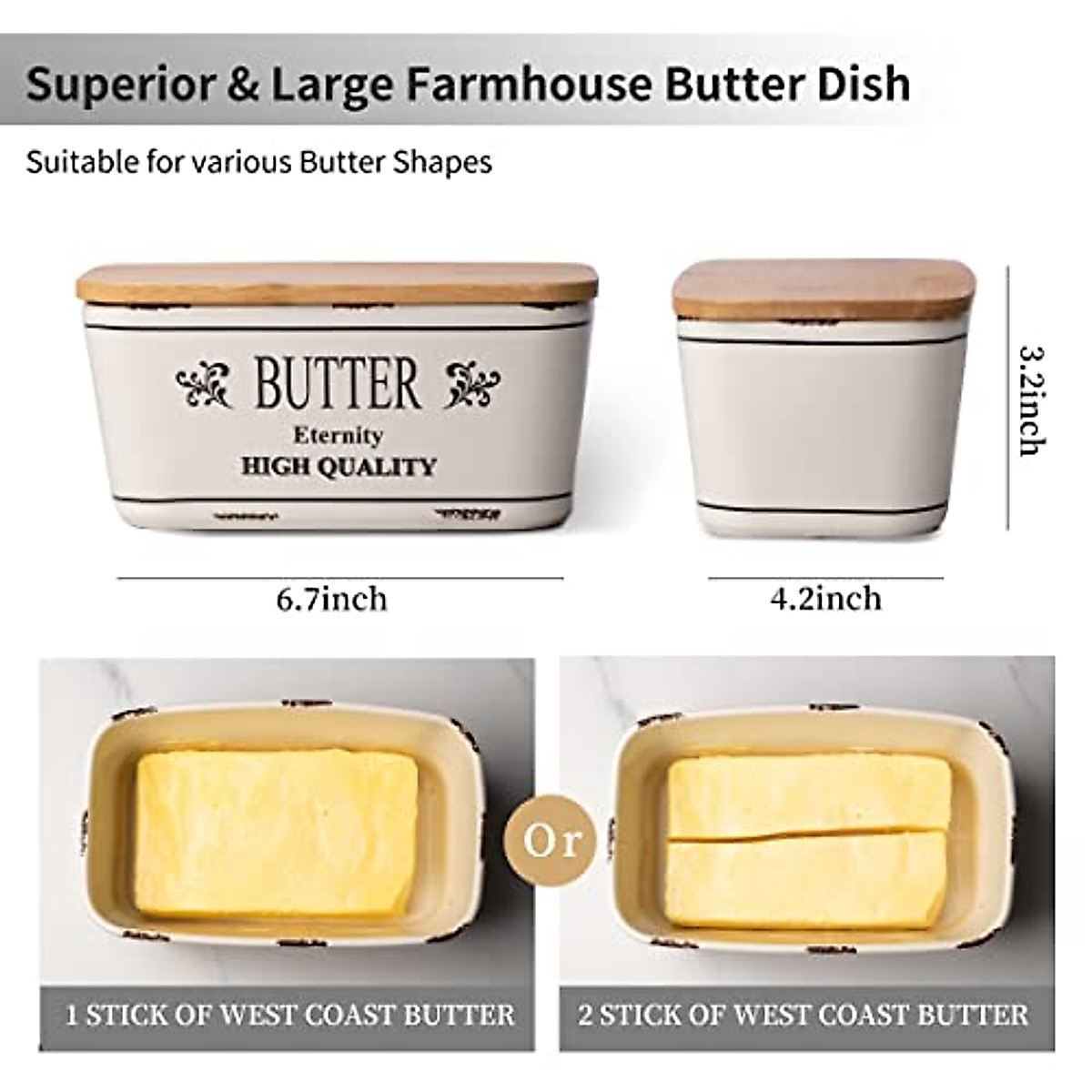 Hasense Farmhouse Butter Dish with Lid for Countertop, Butter Keeper & Holder, Large Butter Container for Fridge with Bamboo Freshness Seal, Enhance Kitchen Decor, Holds Two Sticks of Butter, White