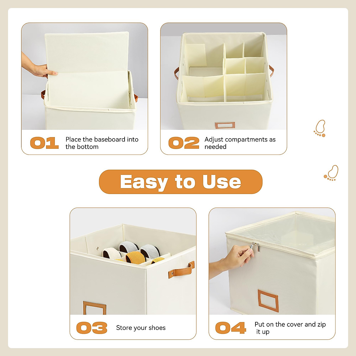 Delamu Shoe Organizer for Closet, Fabric Shoe Storage Boxes with Clear Cover, Adjustable Dividers for Shoe Storage, Foldable Space-saving Storage Container Bins, Fits 8-16 Pairs, Beige, 1-Pack