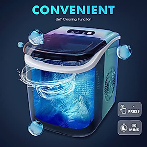 Ice Makers Countertop with Self-Cleaning, 26.5Lbs/24Hrs, 9 Cubes Ice Ready in 6 Mins, Portable Ice Maker with Ice Scoop/Basket for Home/Kitchen/Office/Bar, Green(with Handle)