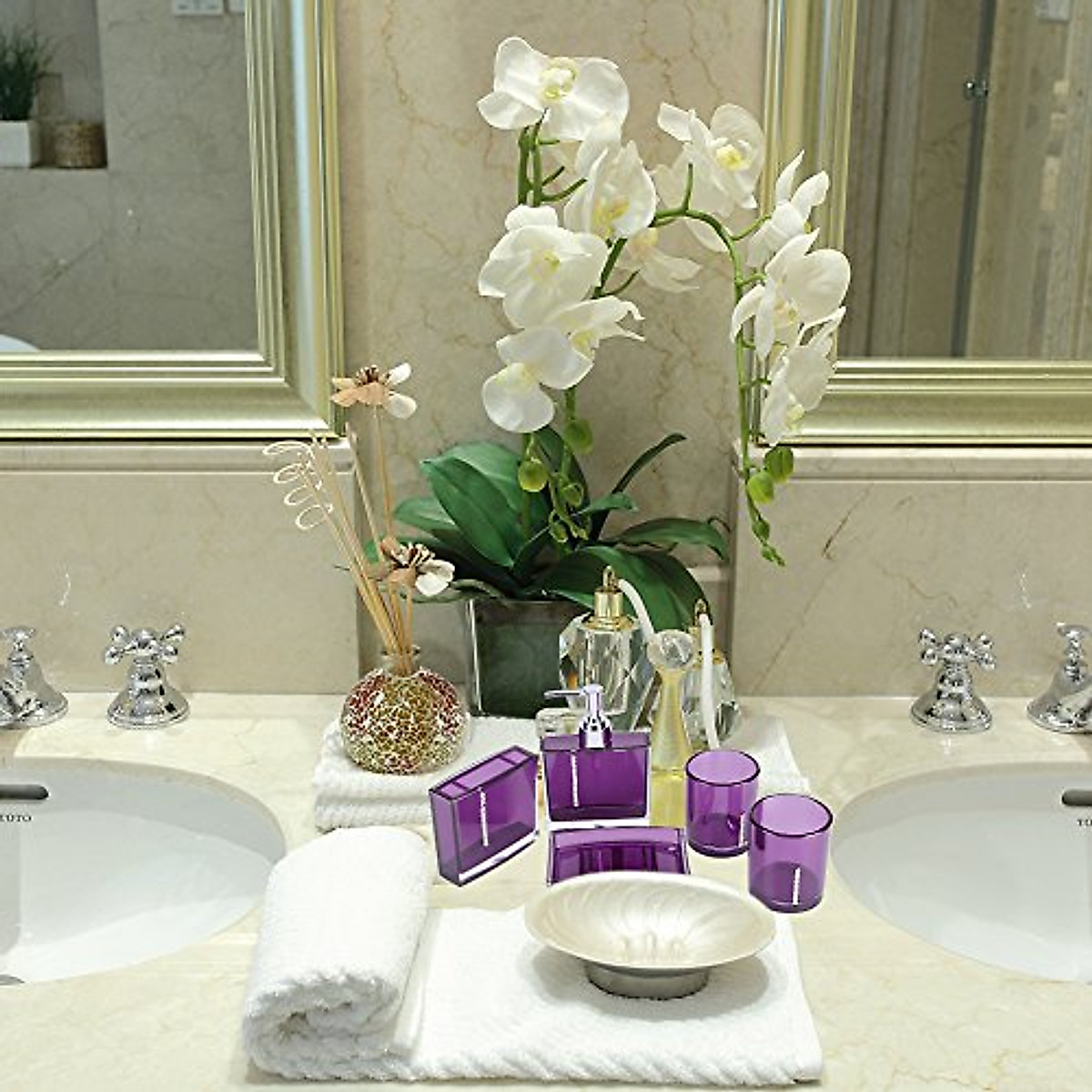 Yosoo 5 Pcs Bathroom Accessories Set Luxury Bath Vanity Set with Toothbrush Holder Containe Tumble Soap Dish Liquid Soap Lotion Pump Dispenser Purple Lotion Dispenser Soap Pump Toothbrush Cup