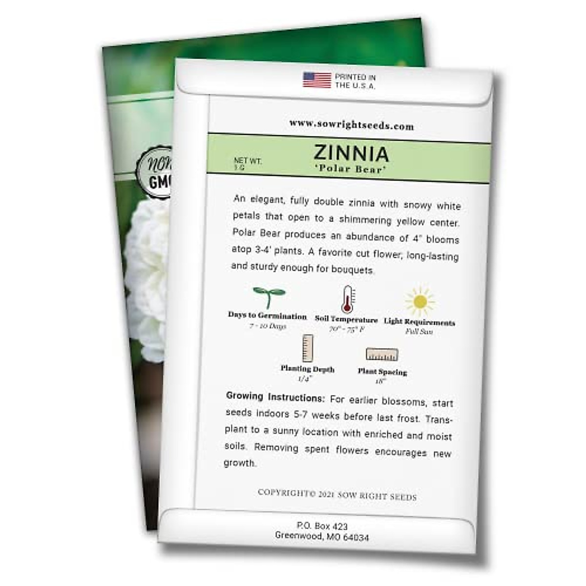 Sow Right Seeds - Zinnia Polar Bear Flower Seeds for Planting - Beautiful Flowers to Plant in Your Home Garden - Non-GMO Heirloom Seeds - White Blooms Attract Pollinators - Great Gardening Gift (2)