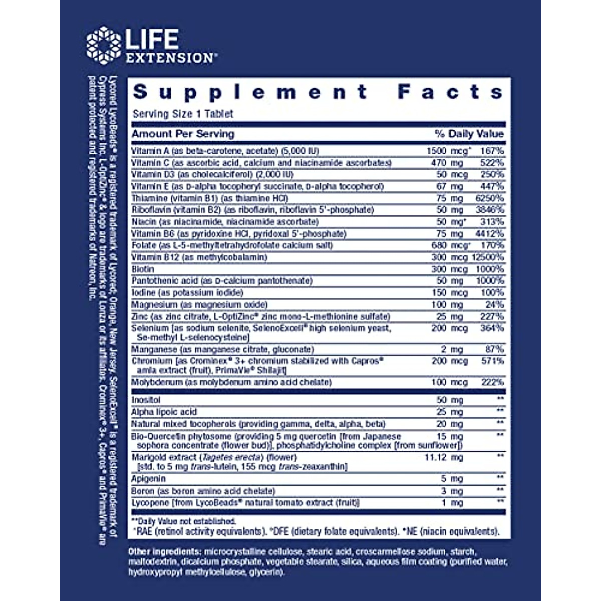 Life Extension One-Per-Day Multivitamin - Essential Vitamins & Minerals - for Healthy Immune Function, Cellular, Blood Vessel, Heart & Brain Health - Non-GMO, Gluten-Free - 60 Tablets