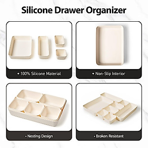 ISSEVE 8Pcs Nesting Silicone Drawer Organizer Set, 4 Size Versatile Vanity Bathroom Drawer Organizer Trays Divider, Desk Drawer Organizer Storage Bins for Office, Kitchen, Bedroom and Dorm (White)