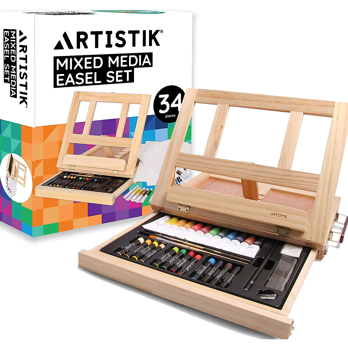 Mixed Media Art Set - 34 Piece, Easel Painting Kit with Wood Table Desk Top Easel Box Includes Acrylic Paints, 3 Canvas Boards, Pastels, Desktop Art Supplies Gift for Beginner Artists, Kids, Adults