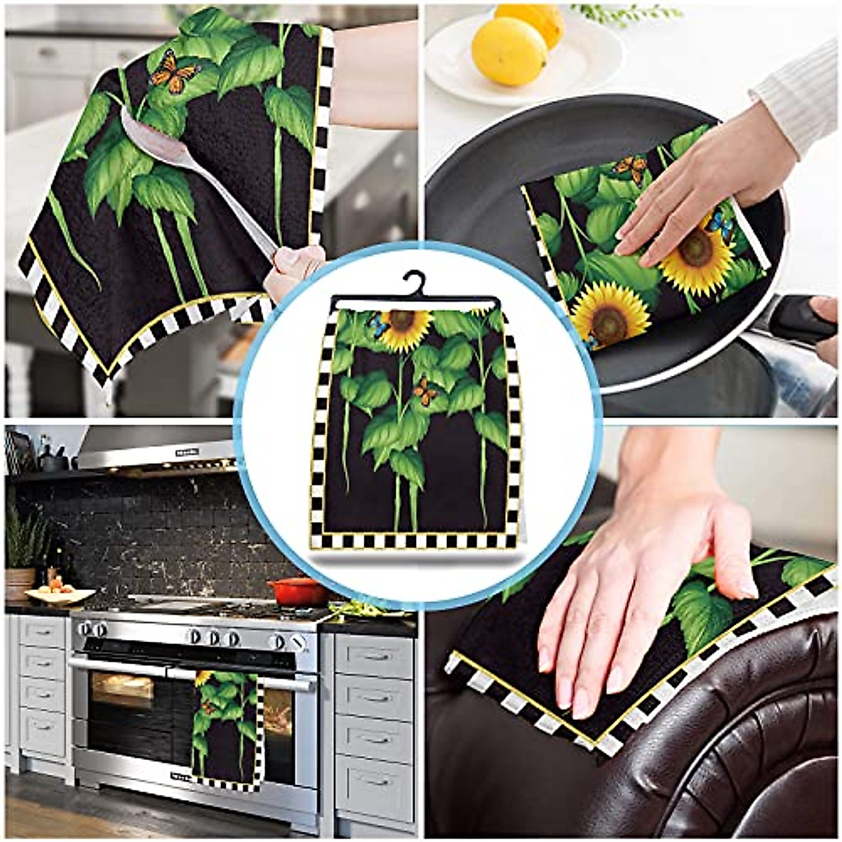 Big buy store Kitchen Towels Sunflower Butterfly Dish Towels and Dishcloths Sets Decorative Tea Towel Buffalo Check Absorbent Hand Towels for Kitchen Drying Bathroom Decor Gift 18x28 Inch