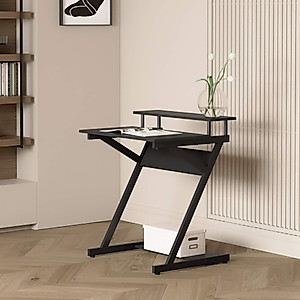 FITUEYES Computer Desk for Small Spaces,27.6" Z-Shaped Compact Study Table with Monitor & Bottom Shelves for Home Office, Black