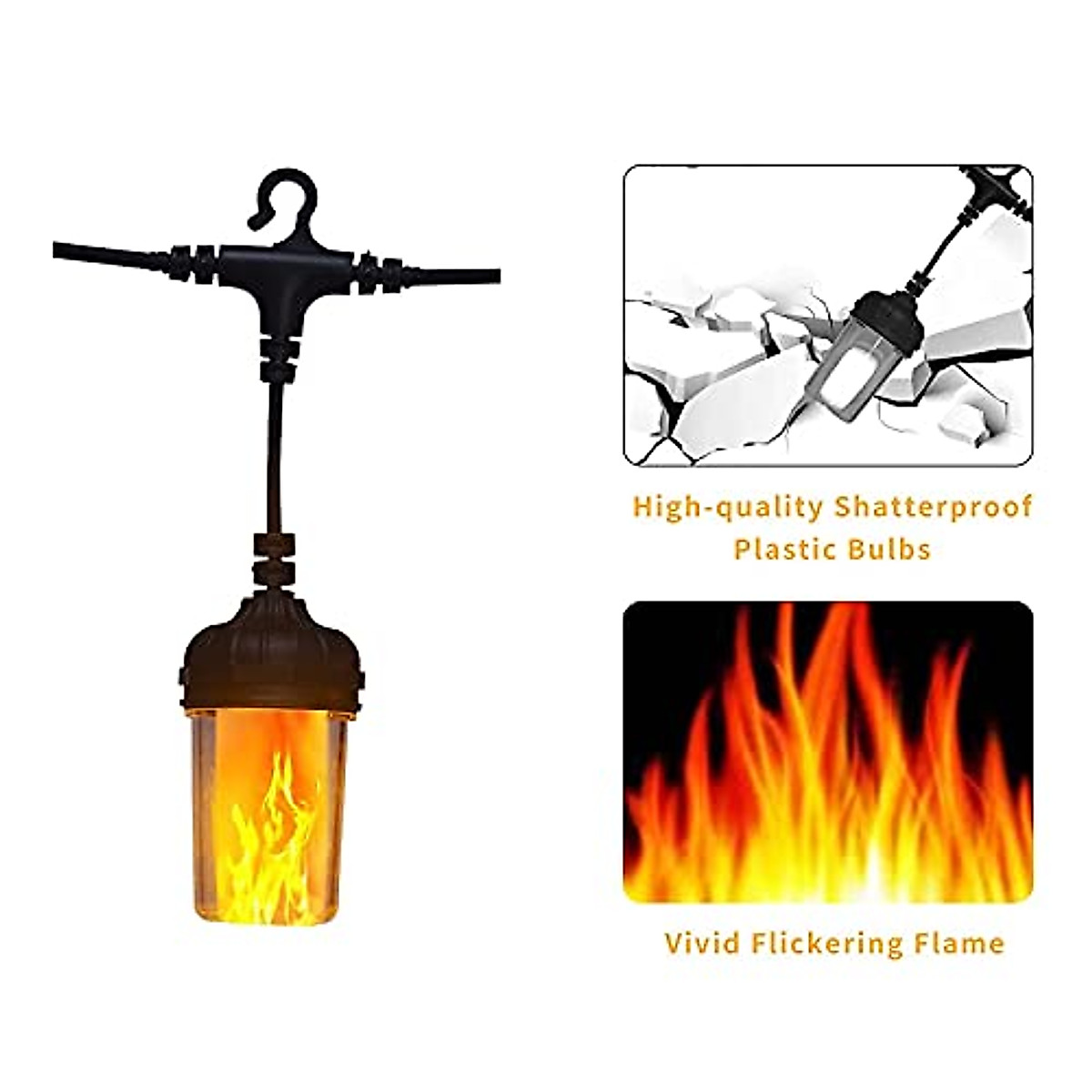 Flickering Flame String Lights for Halloween Decor Outdoor,23Ft LED String Lights for Outside,Plug in Garden Lights,Connectable Backyard Lights 10 Lantern & Hooks Decorative Lights Cafe Bistro Patio