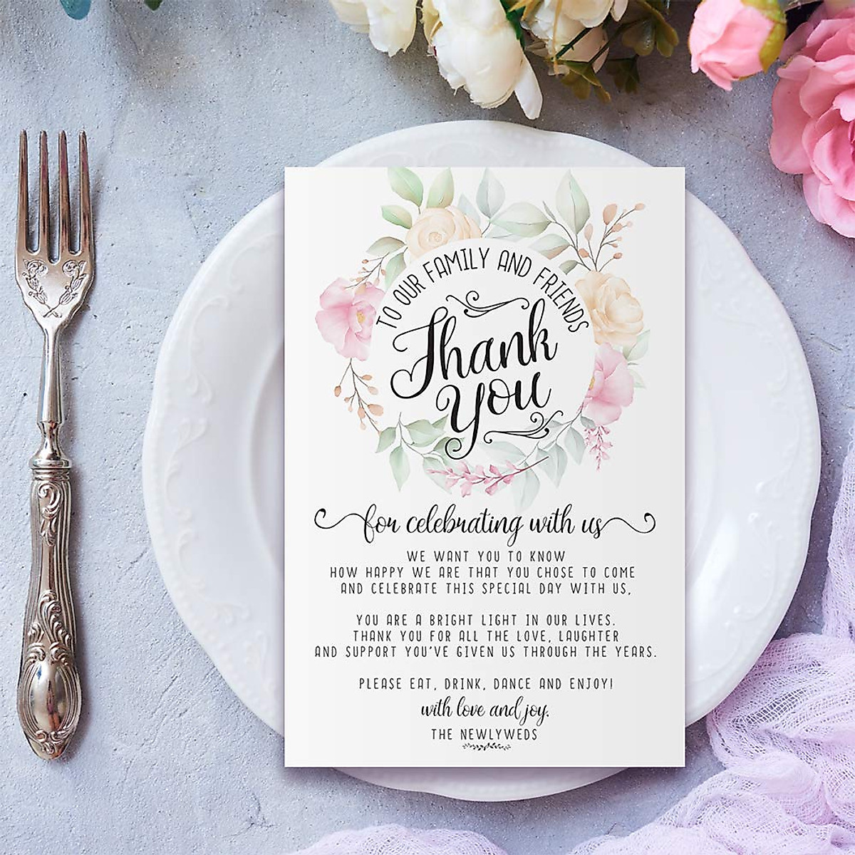 Wedding Thank You Place Cards - Set of 50 - Floral Wedding and Newly Weds Accessories, Wedding Planning Supplies, Great for Guest Dinner Table Settings, Blank Stationery
