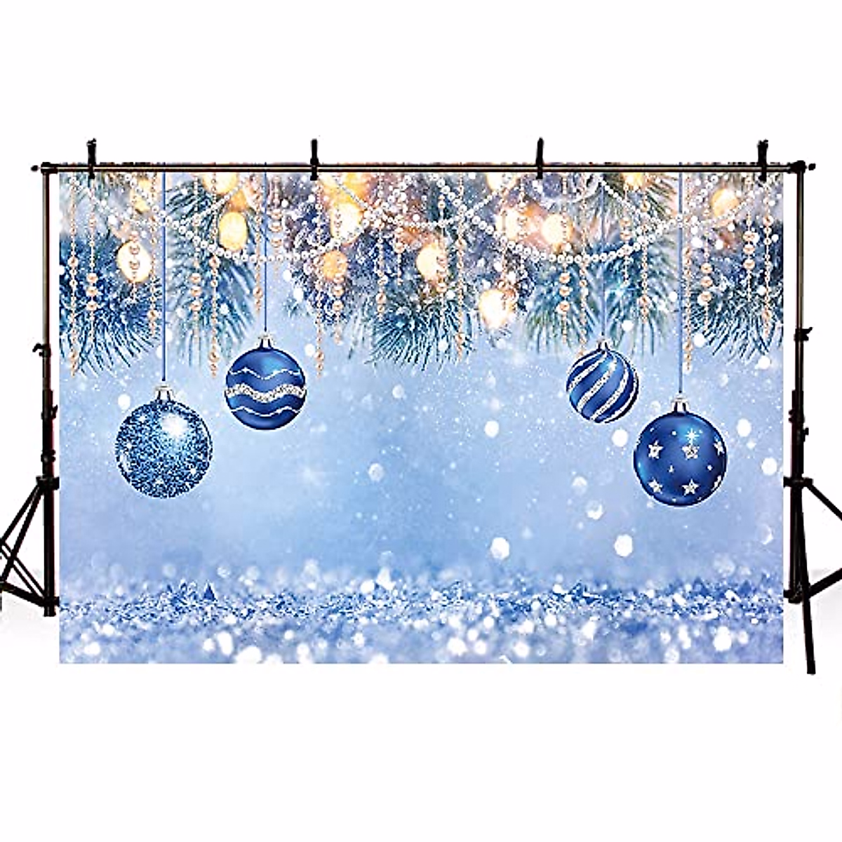 AIBIIN 7x5ft Winter Christmas Backdrop for Photography Blue Bell Glitter Bokeh Snowflake Snow White Pearl Photography Background Holiday Kid Family Portrait Xmas Tree Banner Photo Booth Studio Props