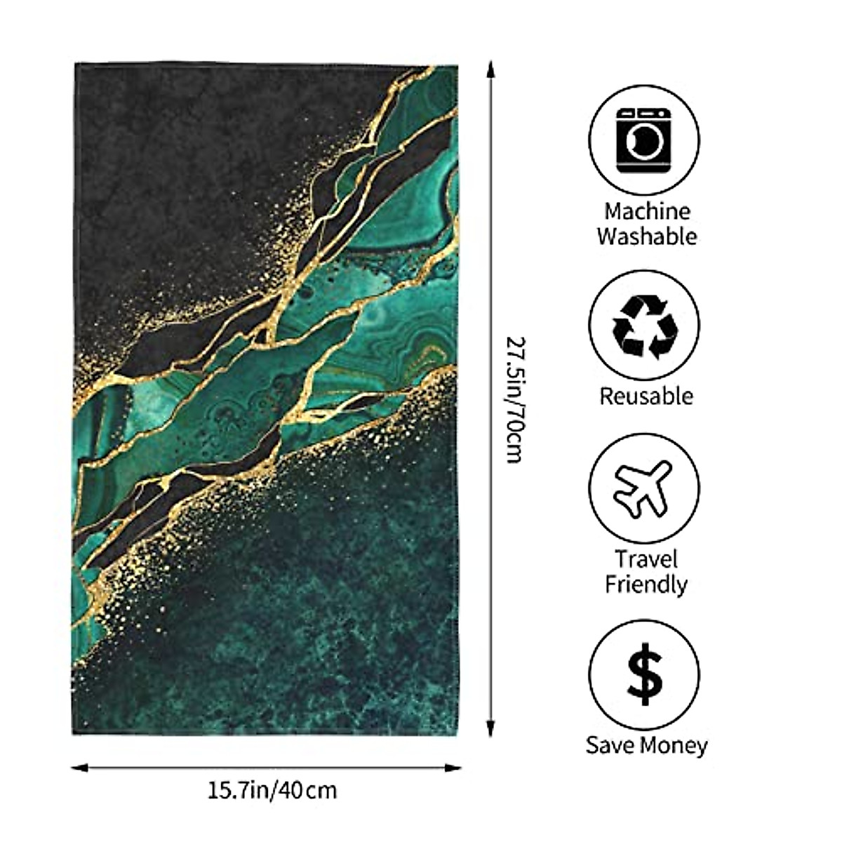 VARUN Long Hand Towels Luxurious Green Golden Texture Ultra Soft Towel Abstract Natural Marble Stone Surface Design Absorbent Luxury Towels for Bathroom Hotel Gym and Spa 27.5x15.7in
