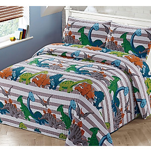 2pc Twin Bedspread Coverlet Quilt Set Kids/Teens Childrens Multi-Color Dinosaurs Stripe Quilt Grey Orange White Green Blue All Dinosaurs New