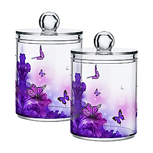 ALAZA 2 Pack Qtip Holder Dispenser Purple Butterflies Flowers Hydrangeas Iris Bathroom Organizer Canisters for Cotton Balls/Swabs/Pads/Floss,Plastic Apothecary Jars for Vanity