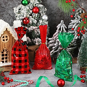 Outus 150 Pcs Christmas Cellophane Bags Christmas Candy Cookie Treat Bags Xmas Clear Plaid Goodies Bags with 200 Pieces Twist Ties for Xmas Holiday Party Favors Supplies