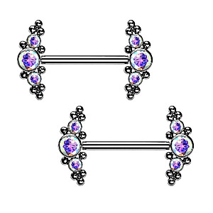 Pierced Owl 14G Implant Grade Titanium Threadless Push-in Triple CZ Crystal and Ball Clusters Nipple Barbells, Sold as a Pair (Aurora Borealis)