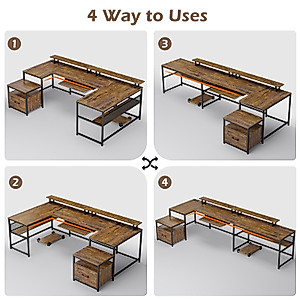 SEDETA U Shaped Desk, Reversible L Shaped Home Office Desk with File Drawer & Power Outlet, 101.5'' Computer Two Person Desk with Monitor Shelf, Keyboard Tray, Gaming Desk, Rustic Brown