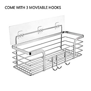 N+A Shower Caddy Kitchen Caddies Shelves Basket Bathroom Adhesive Storage Shelf No Drilling SUS304 Stainless Steel Toilet Shell with 3 Moveable Hooks for Hanging Razor Sponge