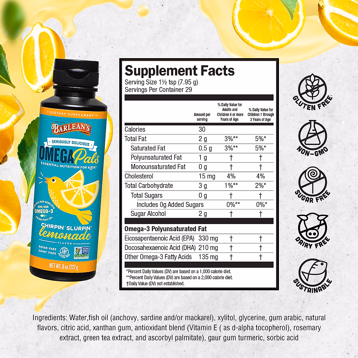 Barlean's Omega Pals Chirpin' Slurpin' Omega 3 for Kids, Yummy Lemonade Flavored Children's Liquid Fish Oil Supplement with 540 mg of EPA and DHA for Brain and Eye Health, 8 oz