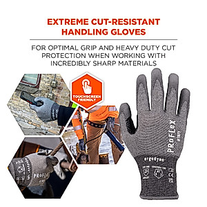 Ergodyne ProFlex 7071 Cut Resistant Work Gloves, ANSI A7, PU Coated Palms for Flexible No Slip Grip, Reinforced Thumb Saddle, 18g HPPE and Tungsten, Gray, Large