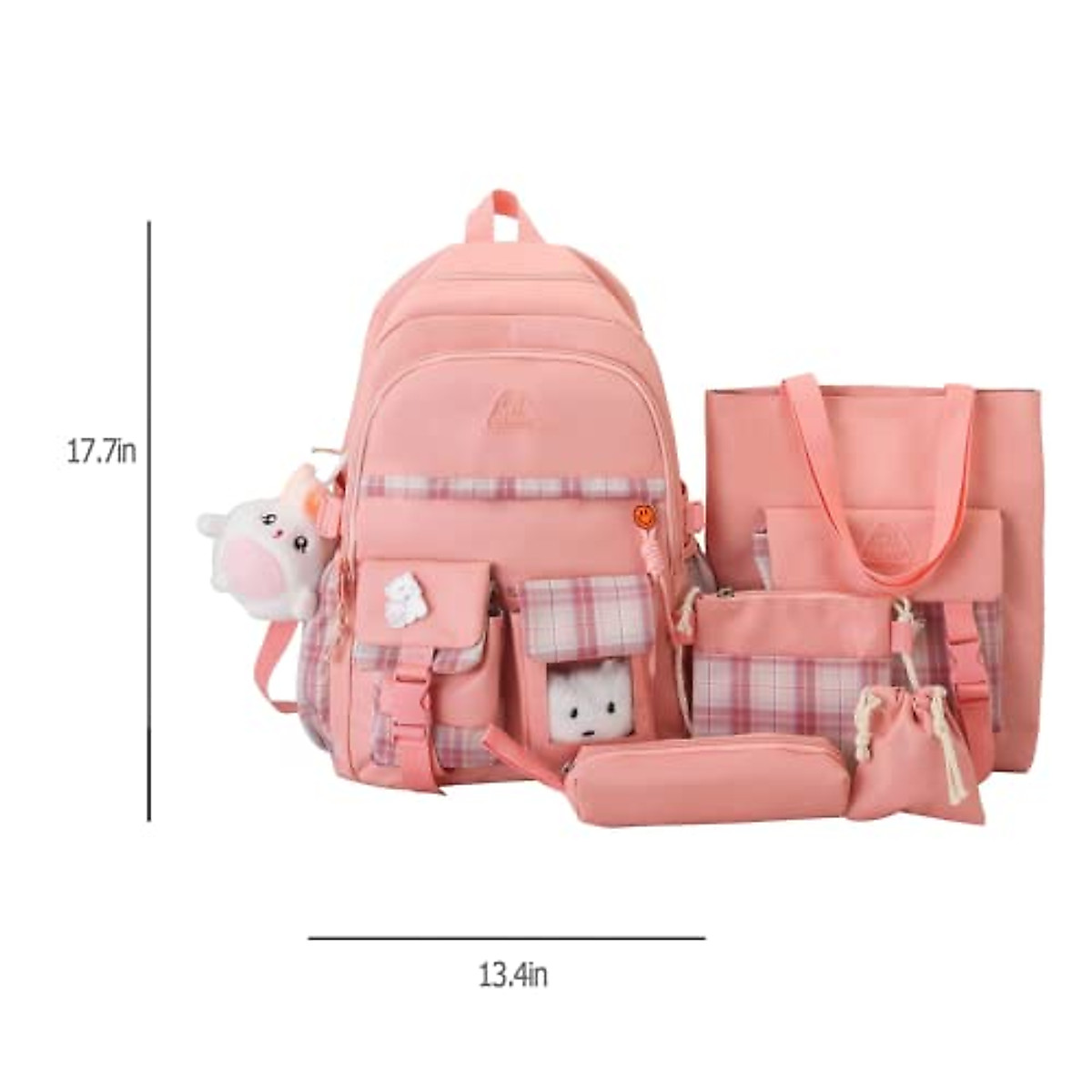 HCOOLE Kawaii Backpack 5Pcs Set with cute plush Pendants & Badge,19 gallon High capacity School Bag Cute Aesthetic Backpack