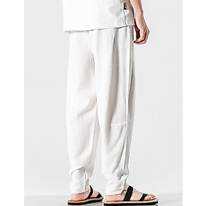 HangNiFang Mens Cotton Linen Elastic Waistband Tapered Cuffed Pocketed Pants (0141-White-XL)