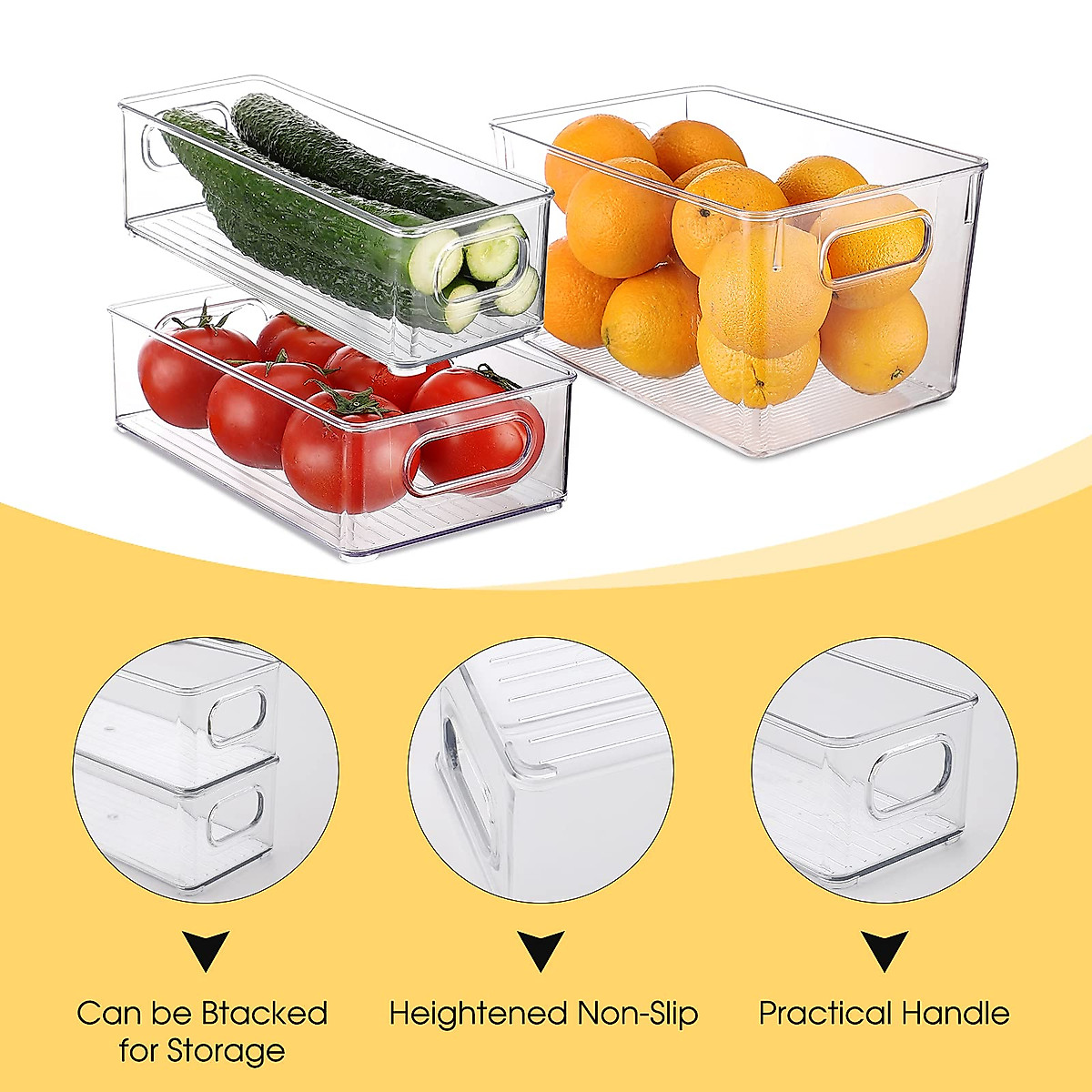Refrigerator Organizer Bins, Clear Pantry Organization and Storage with Cutout Handles, Set Of 6 Stackable Plastic Freezer Organizer Bins for Fridge, Cabinet, Kitchen Countertops - BPA Free