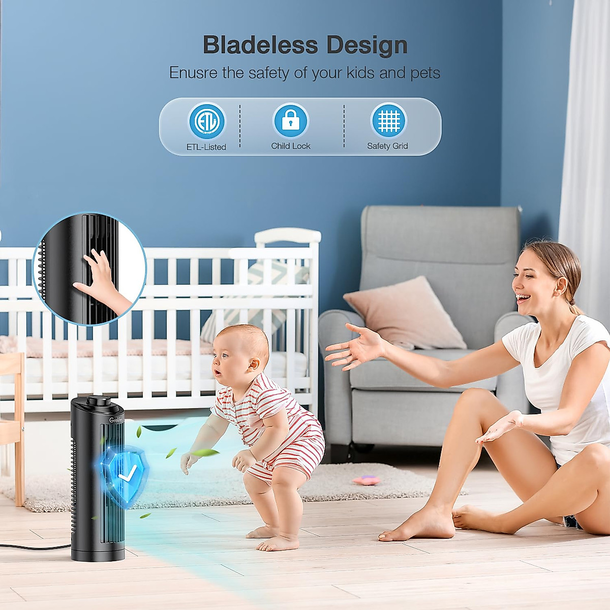 Grelife 13'' Tower Fan, Bladeless Desk Fan with 3 Speeds, Quiet Cooling, 70° Oscillation Table Fan, Compact and Portable- Ideal for Bedroom, Home Office