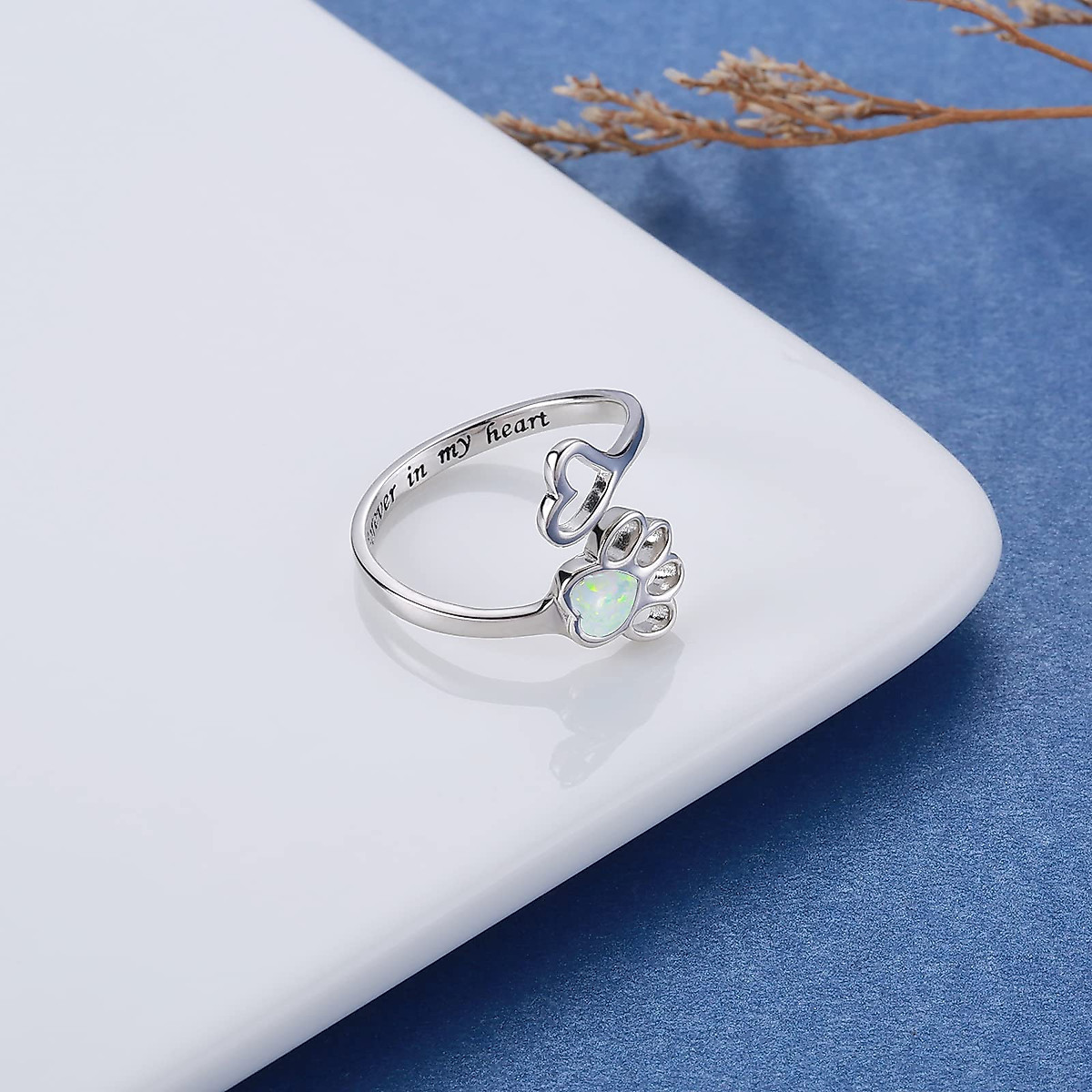 Opal Pet Lovers Paw Print Ring Heart 925 Sterling Silver Adjustable Puppy Cat Ring Animal Jewelry Love Dog Claw Ring Pets Loving Friend Families Gifts (White)