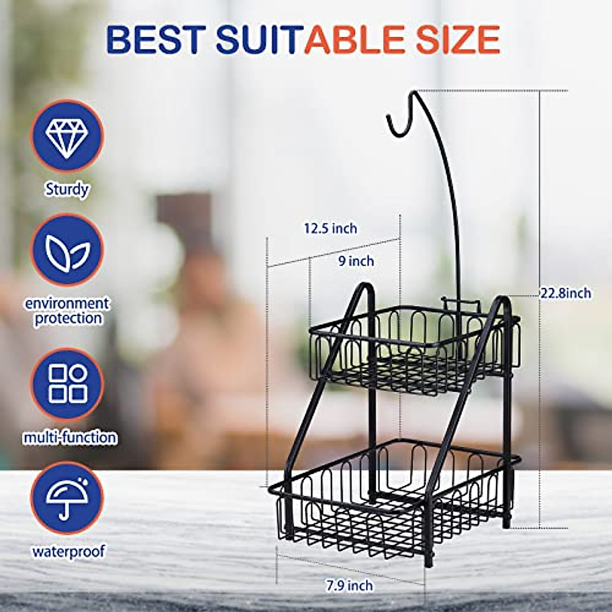 KYCREAL 2-Tier Fruit Basket Bowl for Kitchen Counter, Banana Holder,Fruit Vegetable Bowl Stand with Removable Banana Hanger, Metal Wire Fruit Vegetable Storage ,Black