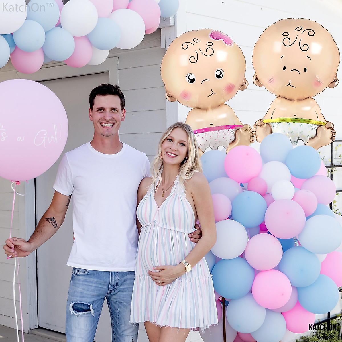 KatchOn, Baby Gender Reveal Balloons Set - 32 Inch, Pack of 2 | Baby Balloons, Gender Reveal Decorations | Baby Boy Balloons and Baby Girl Balloons, Twin Baby Shower Decorations | Boy Or Girl Balloon
