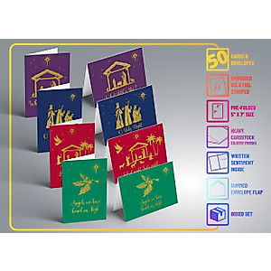 Better Office Products 50 Pack Religious Christmas Cards with Embossed Gold Foil Accents, 5" x 7", High Gloss, Gold Foil Interior Greeting, with 50 Envelopes, 50 Count Boxed Assortment