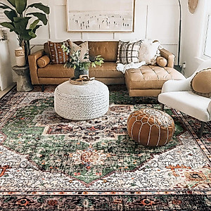 YesRug 8x10 Area Rugs for Living Room Green Boho Rug Washable Rug Vintage Rug Low Pile Non-Slip Large Rug for Bedroom Dining Room