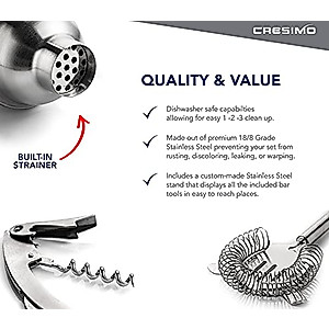 Cocktail Shaker Set with Stand- 12 Piece Stainless Steel Cocktail Set - 18oz Bar Shaker Set, Bar Tools, Perfect Cocktail Kit for Beginners or Professionals, Mixology Bartender Kit, Bar Kit - Cresimo