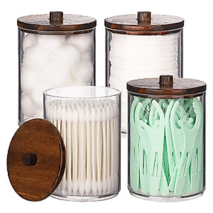 Tbestmax 4 Pack Qtip Holder Bathroom Set, 10 oz Restroom Bathroom Organizers and Storage Containers, Clear Plastic Apothecary Jars with Wood Lids for Cotton Ball, Cotton Swab, Floss