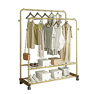 GAMNOF Rolling Metal Clothes Rack Two Shelves Clothing Rack Two Rod Garment Rack for Hanging Clothes with Caster Wheels for Clothes Hats Bags and etc Storage and Organizer