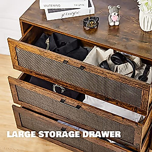 Graficial 3 Drawer Dresser, Dresser for Bedroom, Rattan Chest of Drawers, Rustic Brown Bedside Table Dressers