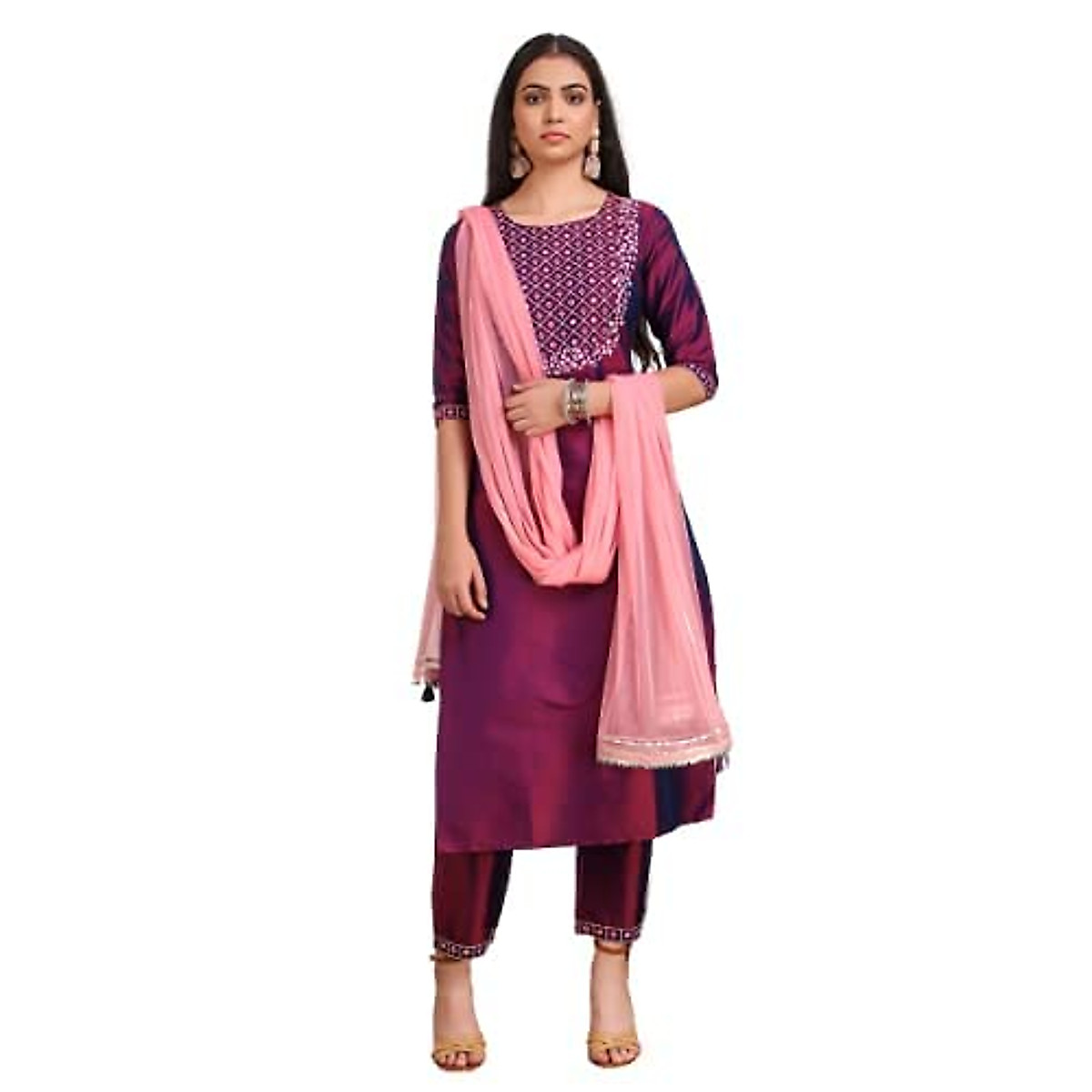 DREAMANGEL FASHION Womens Art Silk Embroidered Kurta Trouser and Dupatta (X-Large, DarkPurple)