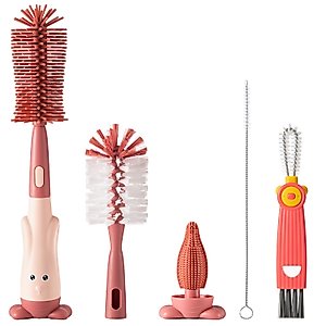 Ariseno 5-in-1 Baby Bottle Brush Set, Bottle Brush for Baby, Baby Bottle Scrubber, Including Silicone & Nylon Bottle Brush, Bottle Cap Brush, Straw Brush, Nipple Brush, BPA-Free (Red)
