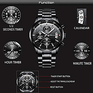 CRRJU Men's Black Watch Fashion Business Chronograph Quartz Wristwatches,Luxury Stainsteel Steel Band Waterproof Watch for Men