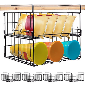 Hanging Under Shelf Storage Basket, 4 Pack Foldable Under Cabinet Metal Desk Storage Wire Rack Organizer for Kitchen Pantry Bookshelf Office Home, Easy to Install Slide-in Under Shelves (Black)