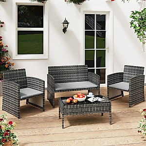 LHBcraft 4-Piece Patio Furniture Set Outdoor Wicker Rattan Chairs and Loveseat with Cushions and Glass Table for Garden, Backyard, Balcony, Porch, or Poolside - Grey and Grey