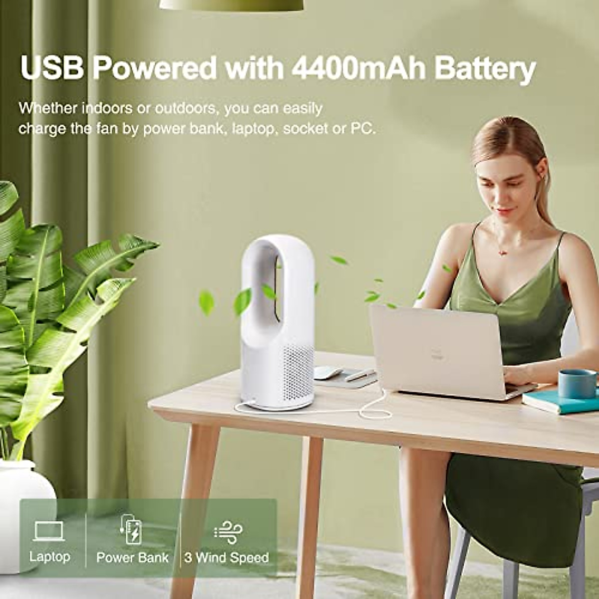 CONBOLA Desk Fan, 11.8 Inch Quiet Bladeless Fan USB Desktop Rechargeable Fan, Small Portable Table Fan with 3 Cooling Speeds, Touch Control Personal Fan for Bedroom, Office, Home, Outdoor (White)