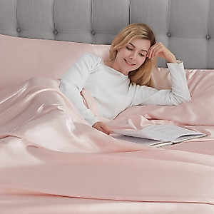 Serta SatinLuxury 4pc Soft Lightweight Deep Pocket Bedding Silky Satin Sheet Set with Pillowcases, Queen, Blush Pink