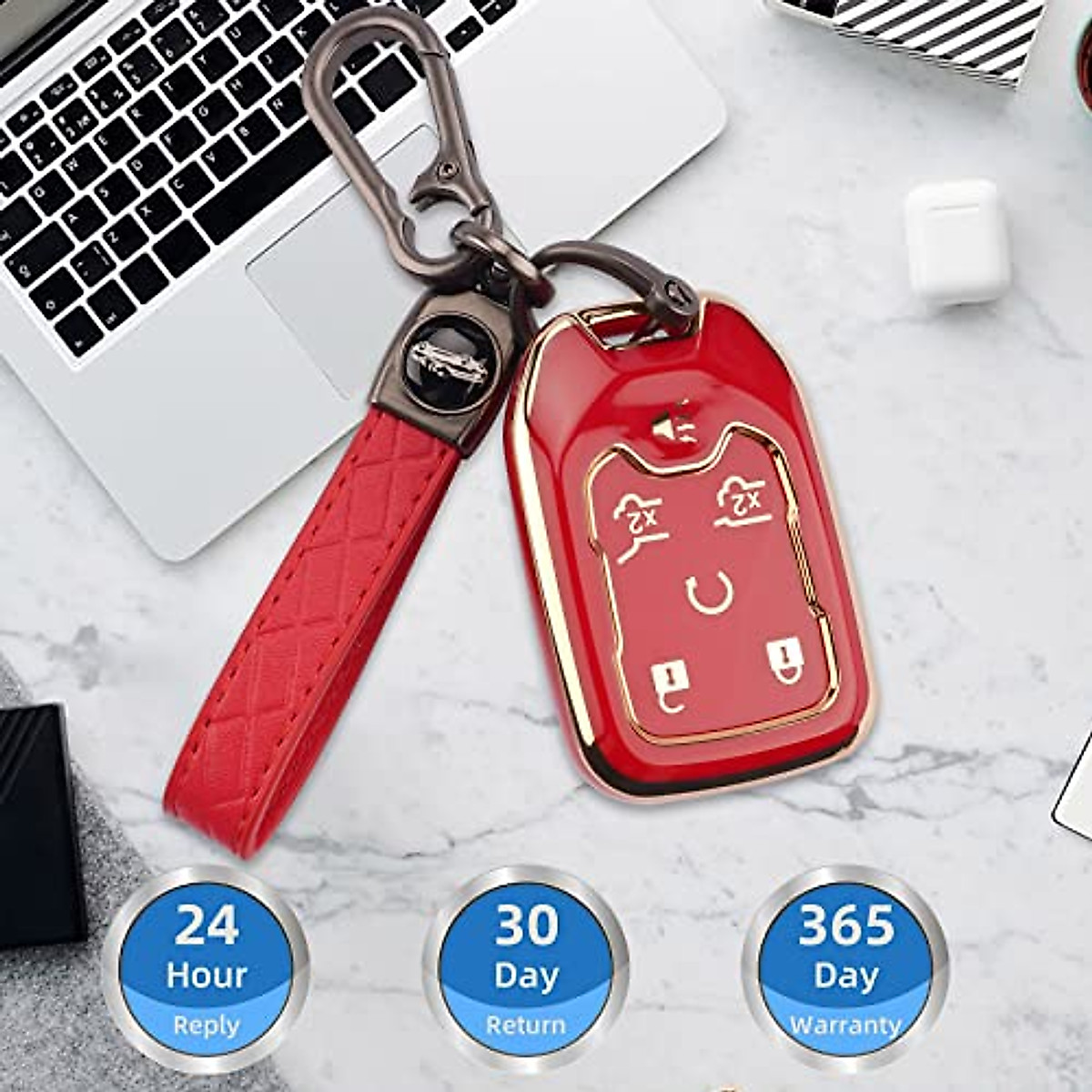 Jimtyee for GMC Key Fob Cover with Leather Lanyard Keychain Key Fob Case Shell Protection for Chevy Silverado Tahoe Suburban GMC Sierra Yukon Smart Remote Key Protector(Red)