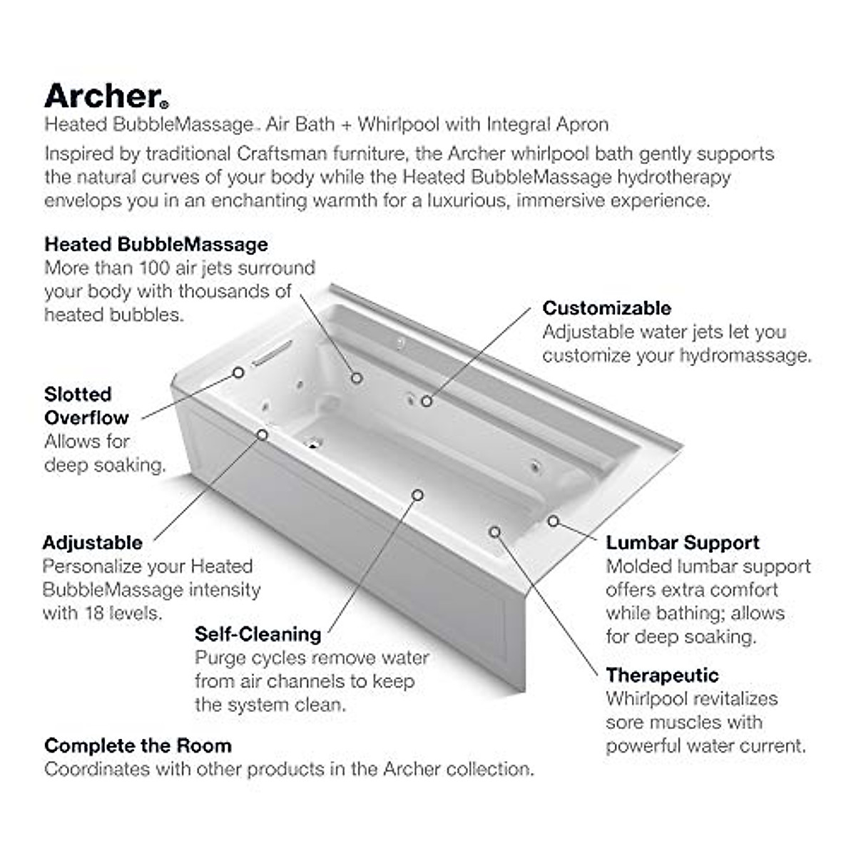 Kohler K-1949-XGHLA-0 Archer Bathtub, White